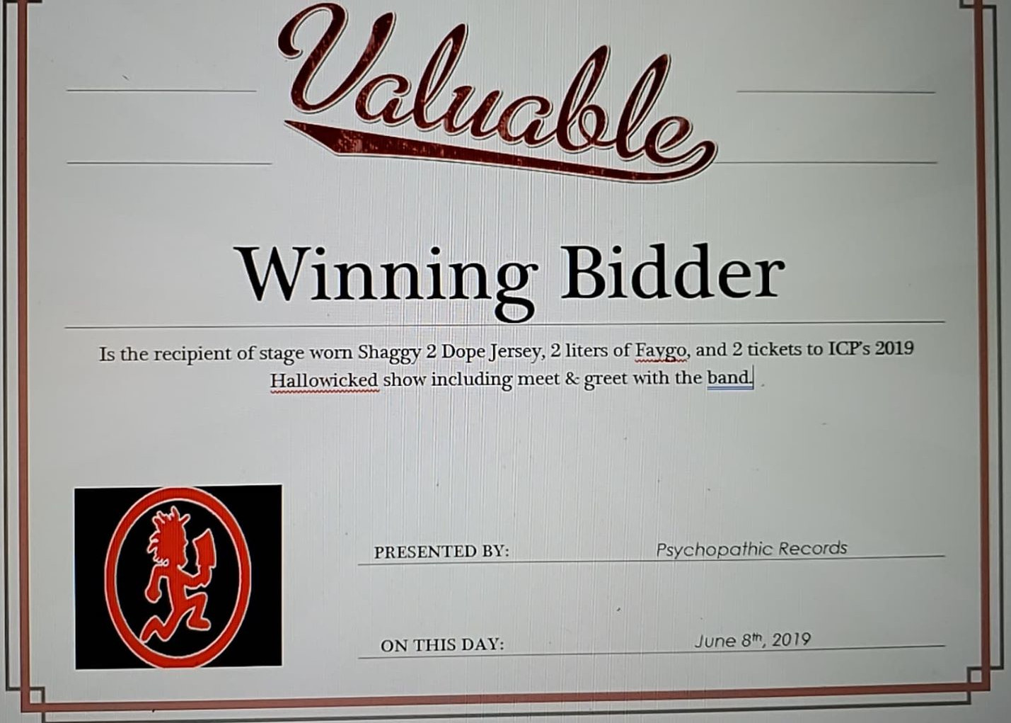 Silent Auction for Shaggy 2 Dope Jersey, Hallowicked Tickets/VIP Passes ...